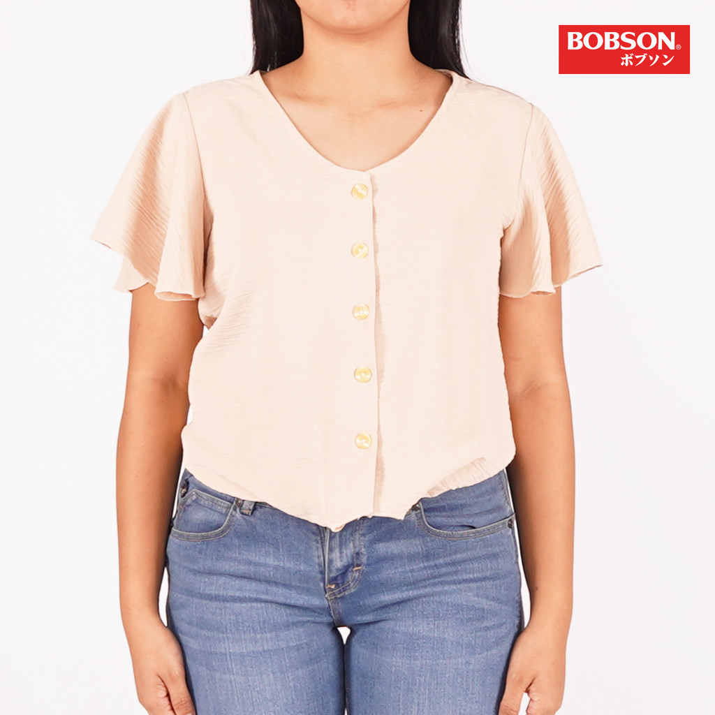 Bobson Japanese Ladies Basic Woven Button Down Top for Women Trendy Fashion Boxy Fit 139747 ...