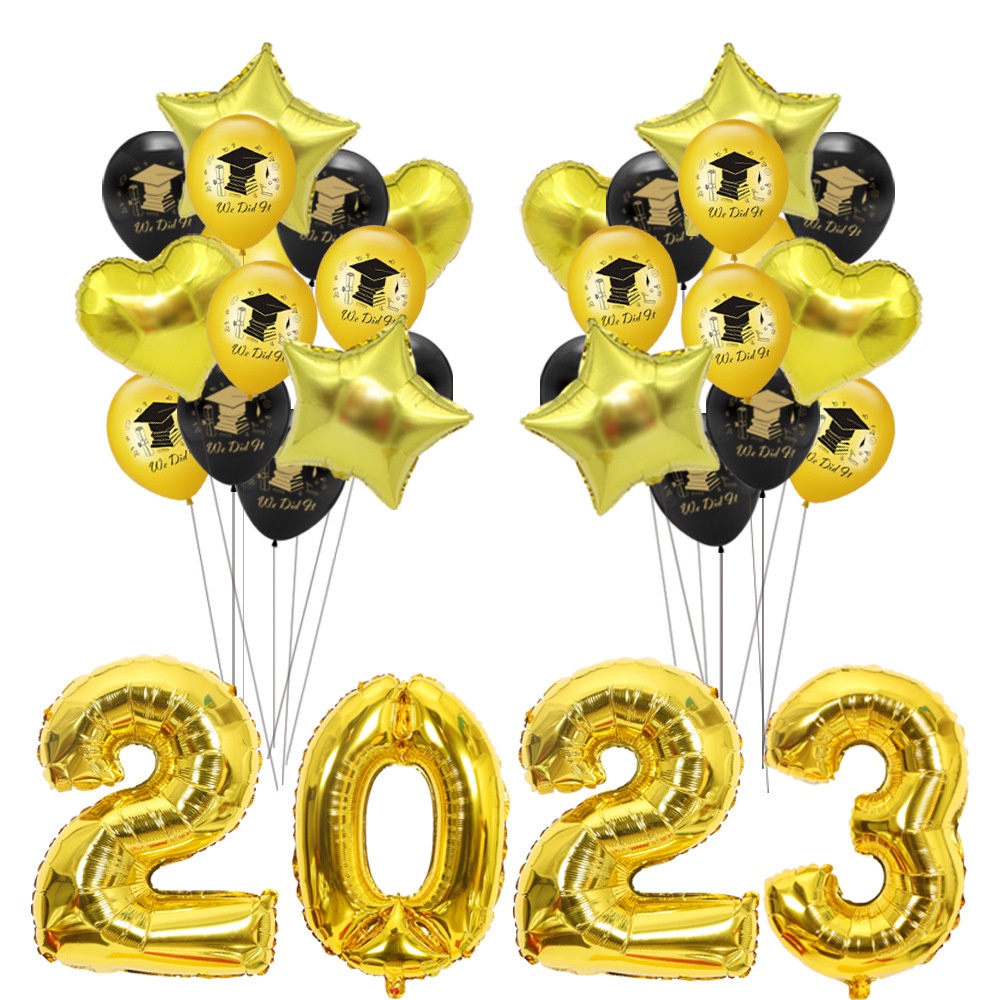 Graduation Balloon Gold Black Stars Graduation Hat Latex Ballons 2023 ...