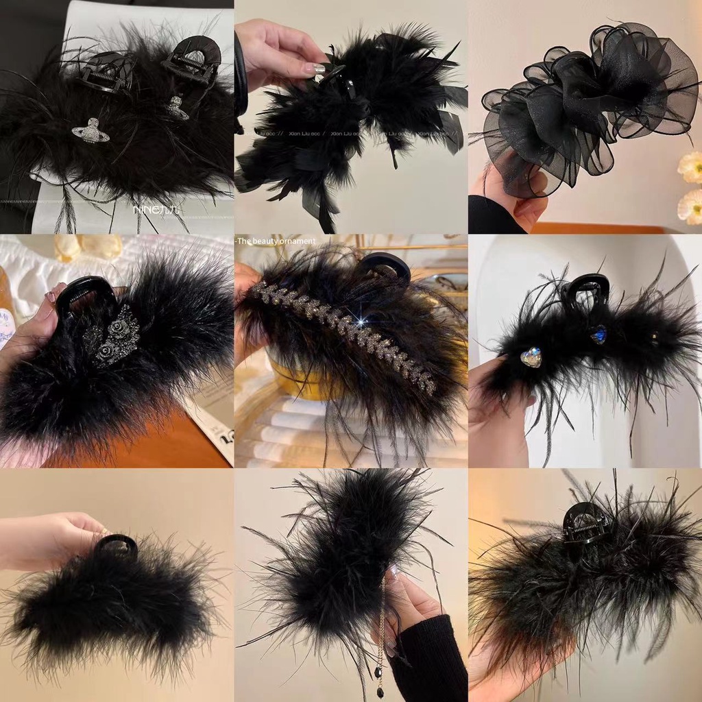 Super Fairy Large Black Feather Hair Clip Women's Elegant Fashion Shark ...