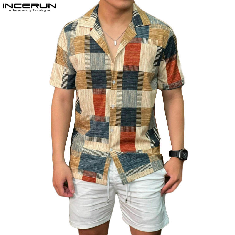 INCERUN Men Korean Fashion Checkered Print Short Sleeve Design Shirts ...
