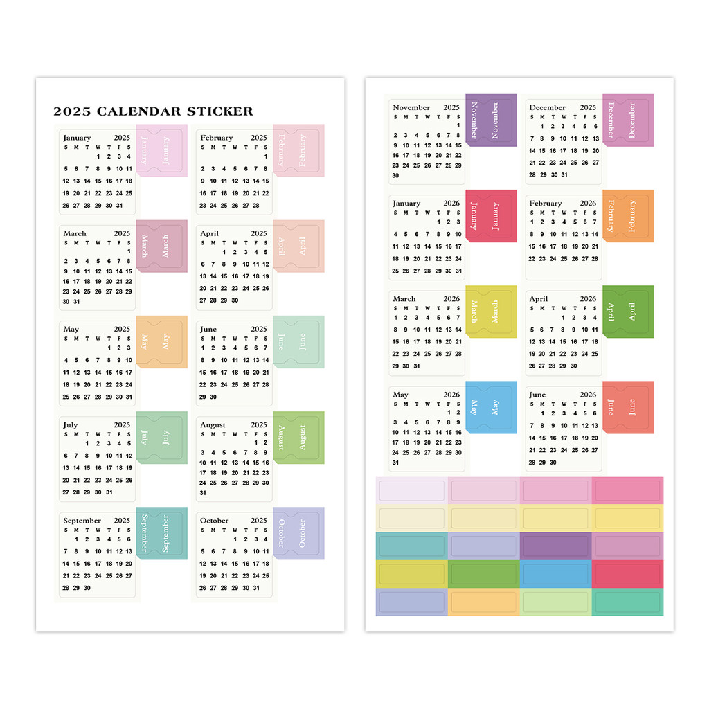 2 Sheets Colorful Calendar Stickers, 2025-2026 Year Calendar Index ...