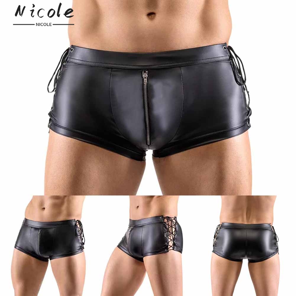 Men Wet Look Faux Leather Boxer Shorts Briefs Swimwear Trunks Bikini