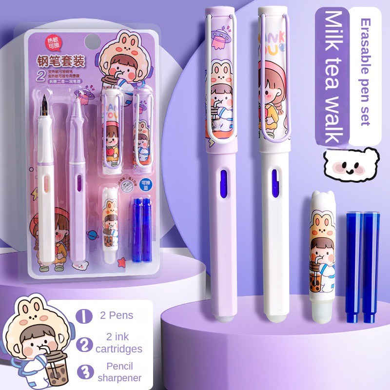 Erasable Pen Set Cartoon Replaceable Ink Capsule Fountain Pen 2 Tips ...