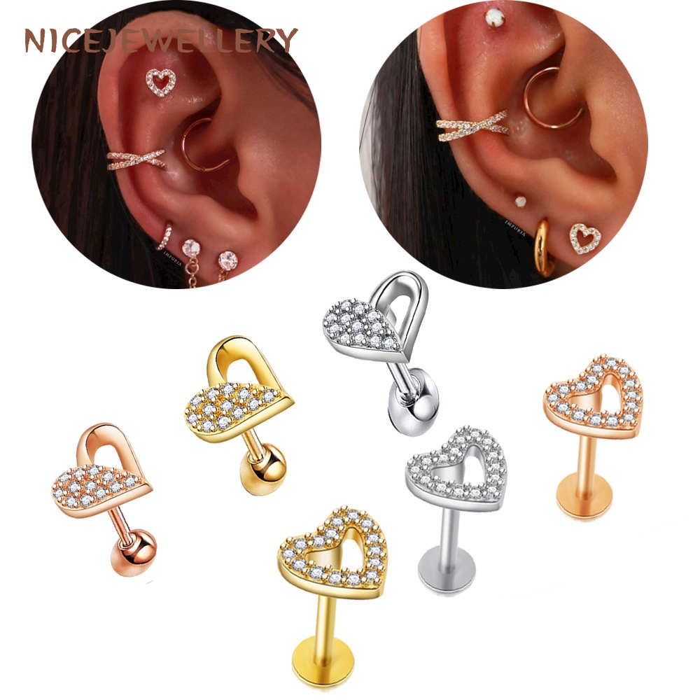 1Pc Heart Stud Earrings Cubic Zircon Lip Ear Studs Surgical Steel ...