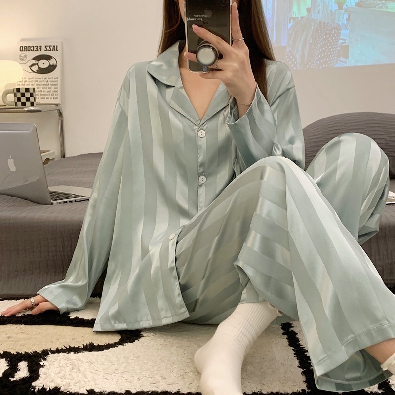 M-5XL Pajama terno Women Plus Size High Quality Silk Striped Green Baju ...