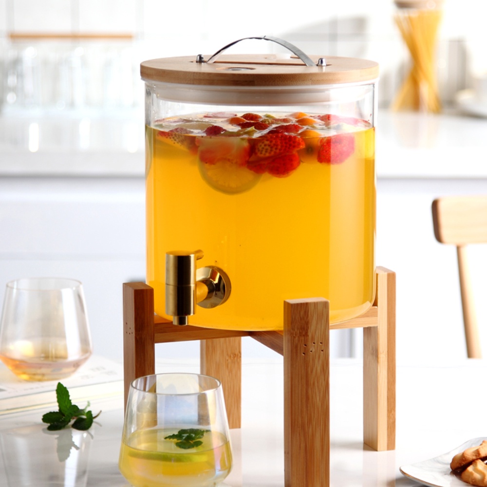 Borosilicate Glass Bamboo Lid Water Jug Dispenser with Wooden Stand Hot ...