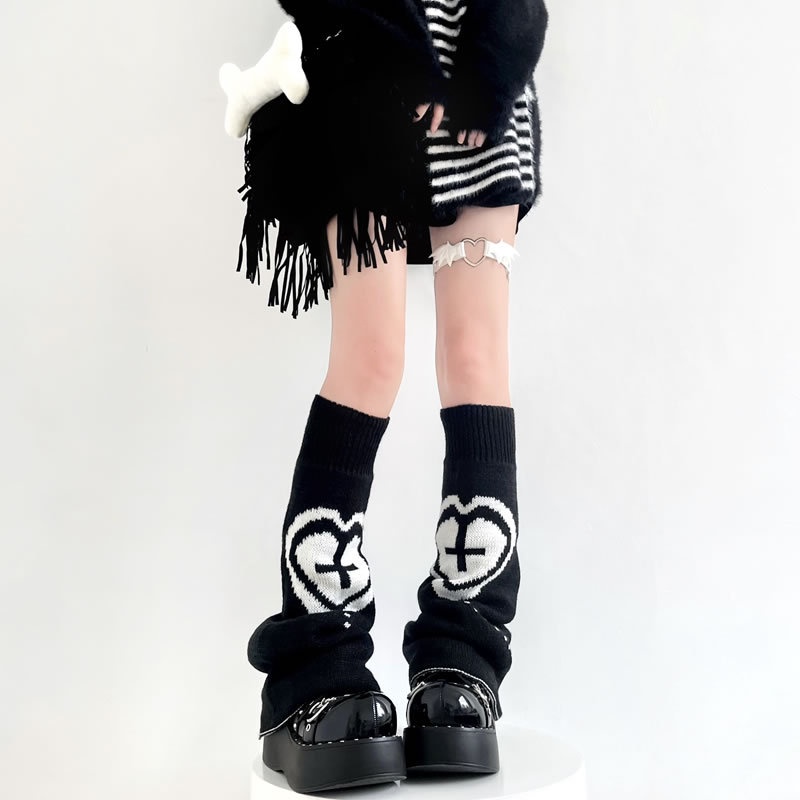Y2K Punk Knitted Leg Warmers Star Gothic Cross Harajuku Women Heart ...