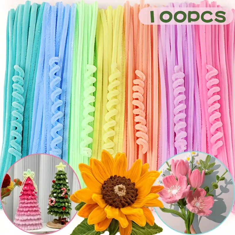 100PCS Fuzzy Wire Flower Set Colored Chenille Wires Fluffy Sticks Stems ...