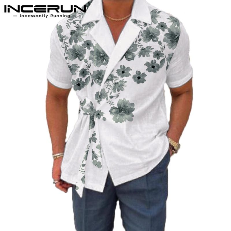 INCERUN Men Vintage Fashion Floral Printed Tie-Up Short Sleeve Shirts ...