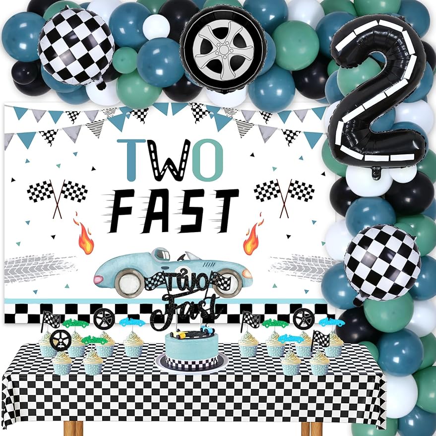 FANGLELAND Two Fast 2nd Birthday Decorations Racing Car Theme 2nd ...