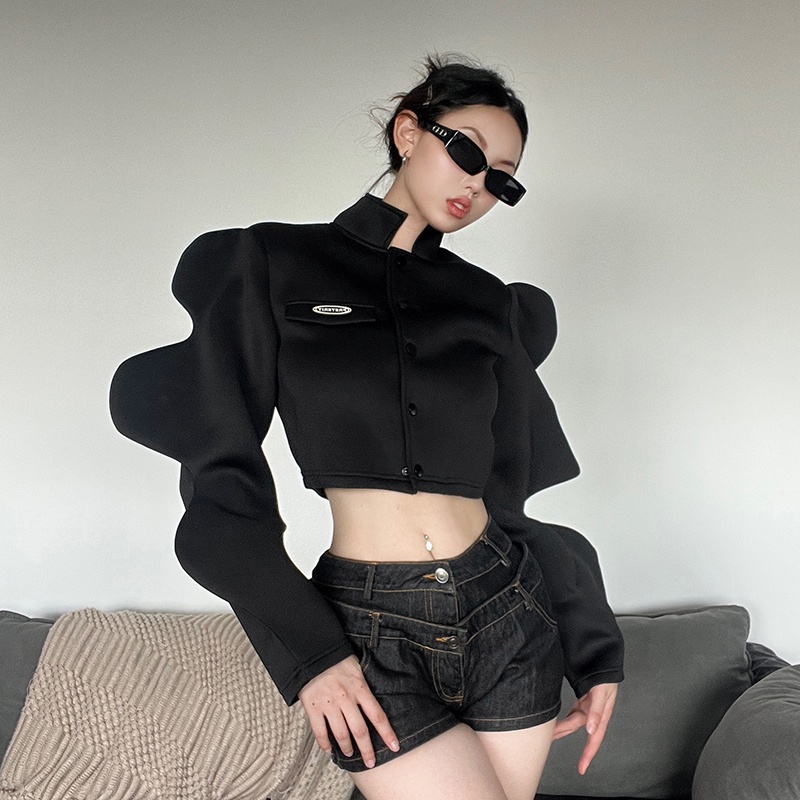 Klalien Fashion Hyperbole Long Puff Sleeve High-neck Button-Up Blazers ...