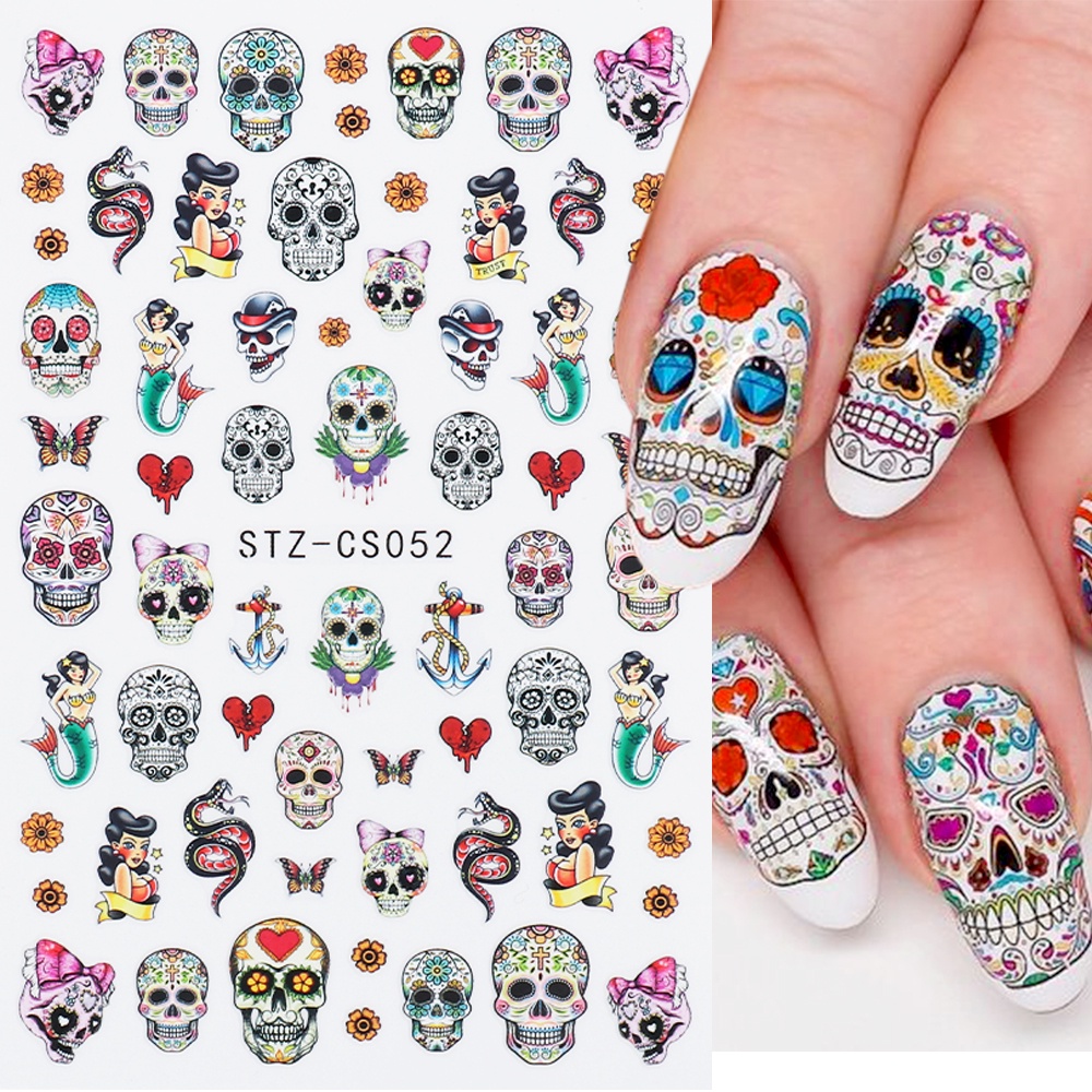 3D Halloween Nail Art Stickers Sugar Skull Sliders For Nails Anime ...