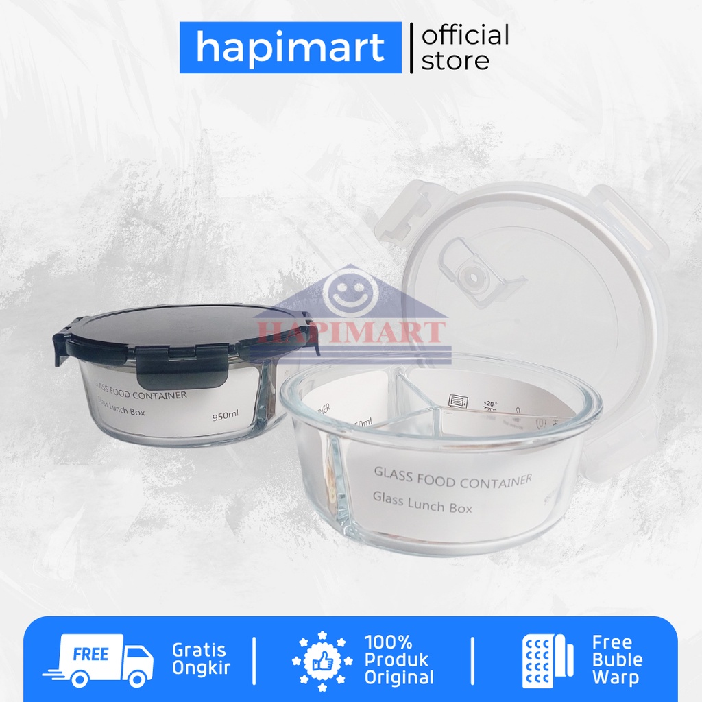 PUTIH HITAM Glass Storage Box Round Food Container 3 Dividers Black and ...