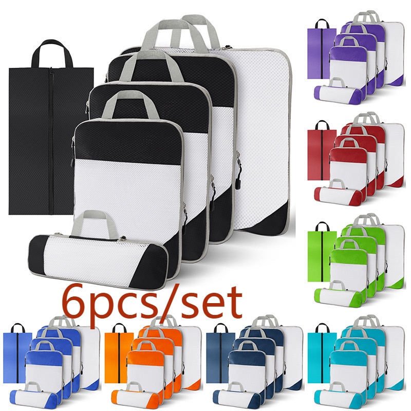 6pcs/set Travel Compression Packing Cubes Net Storage Luggage Organizer ...