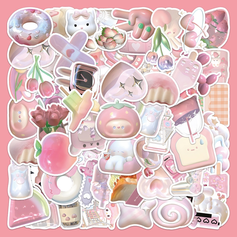 60pcs Cute 3D Pink Stickers Laptop\Phone Decorative Stationery Cartoon ...