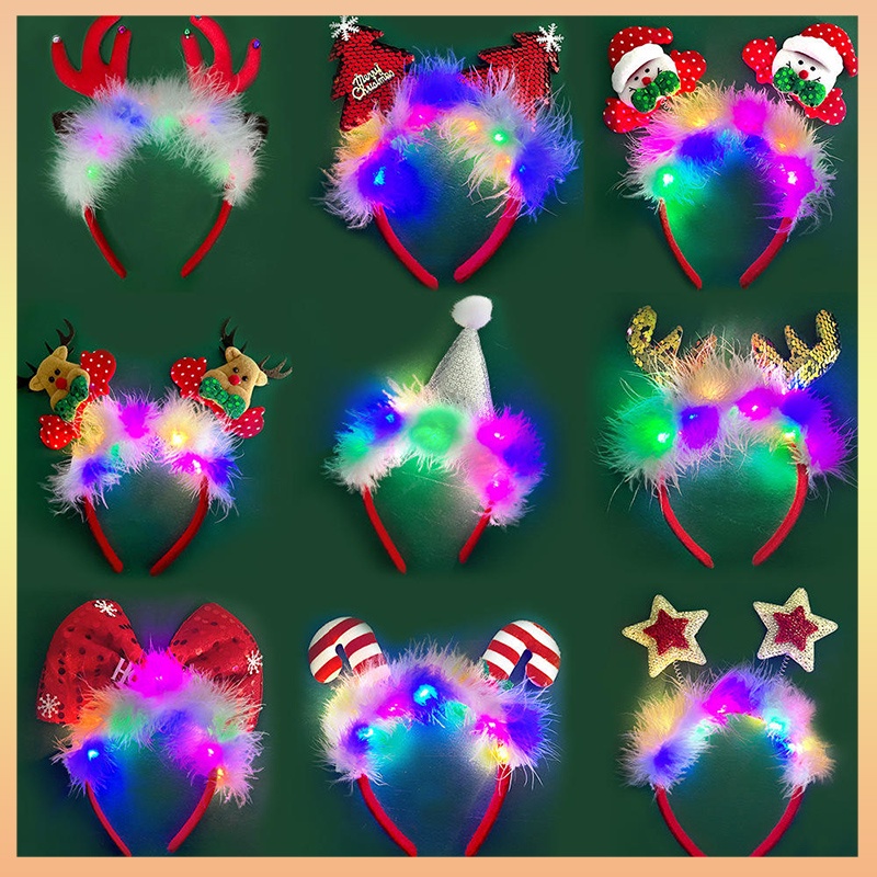 LED Christmas Feather Lighted Headband Santa Claus Elk Glow Hair Band ...