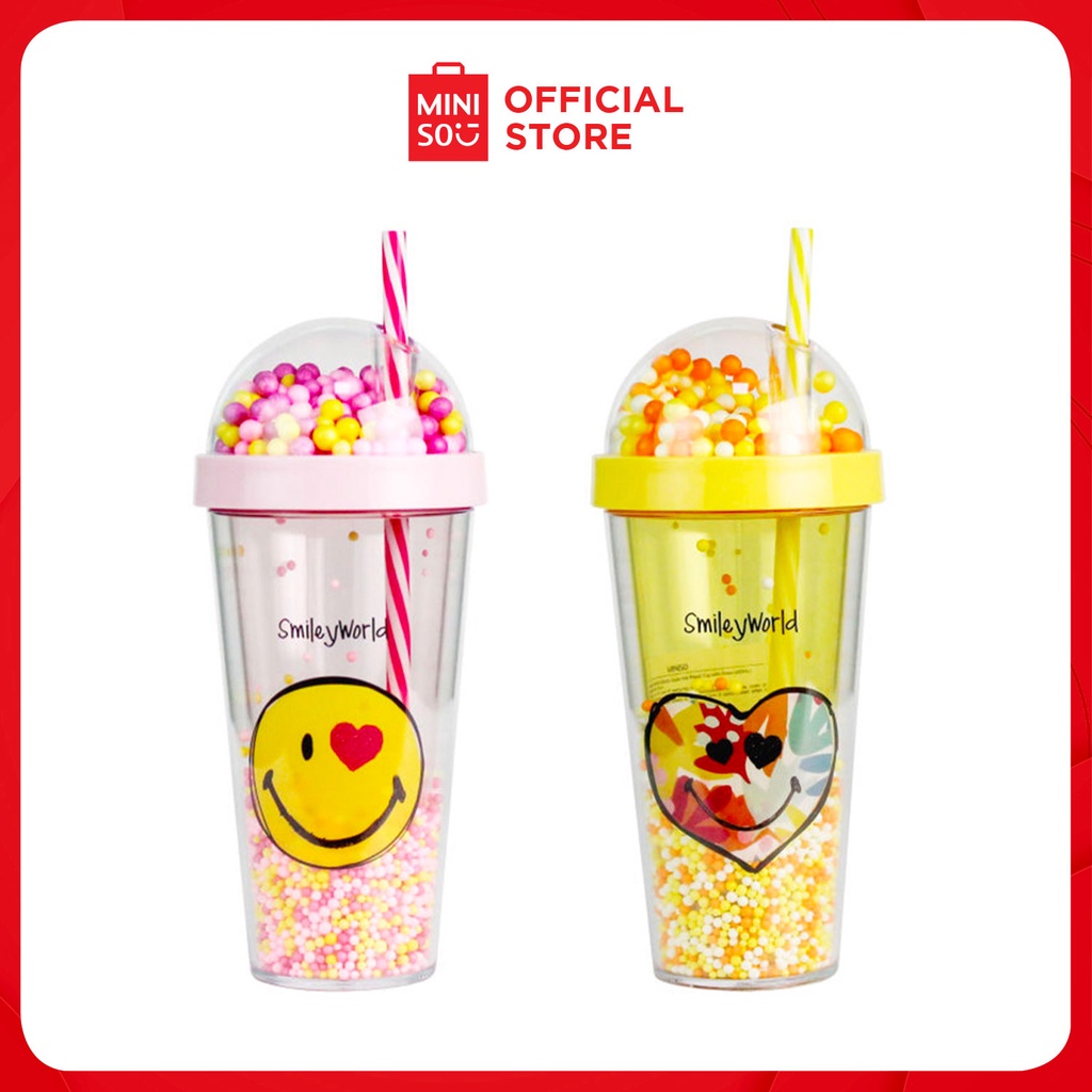 MINISO Smiley World Collection - Double Wall Plastic Cup with Straw ...