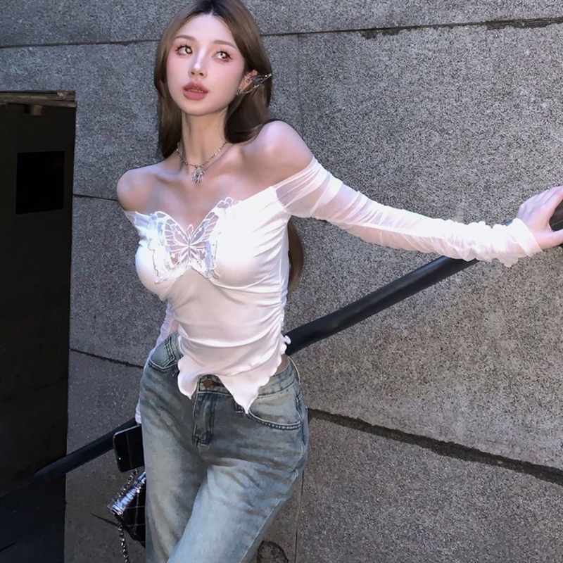 UKE Women Sexy Butterfly Hollow Mesh Splicing Long Sleeve T-shirt Hottie Irregular Slim Crop Top ...