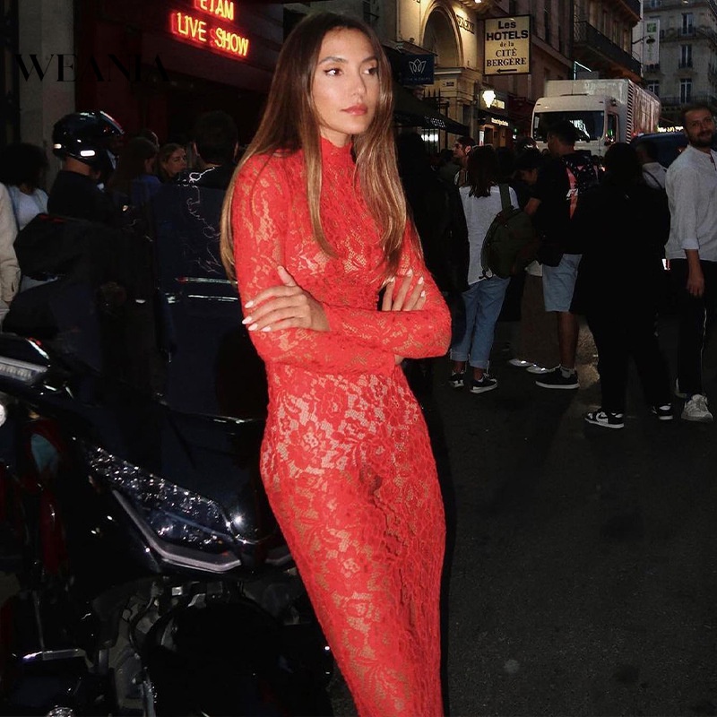 WEANIA Women Sexy Lace See Through Red Long Dress | Shopee Philippines