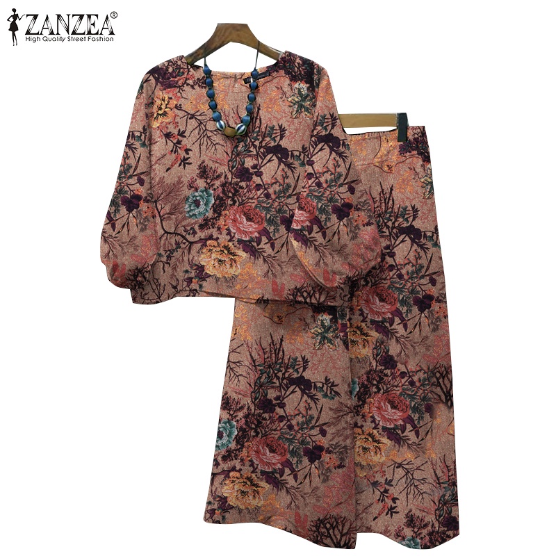Zanzea Women Vintage Elastic Waist Floral Printed O Neck Puff Sleeve