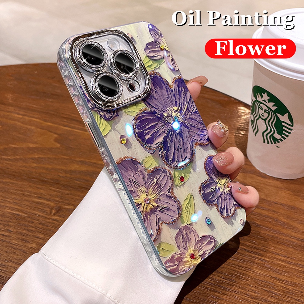 Retro Glitter Lens Oil Painting Floral Case for IPhone 15 Pro Max 12 13 ...