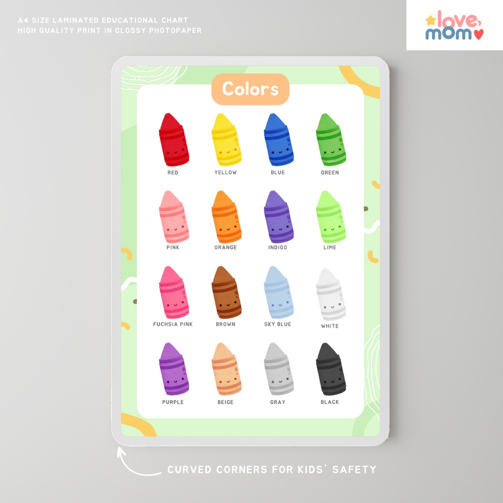 Laminated 16 Colors Educational Chart for kids & toddlers A4 size ...
