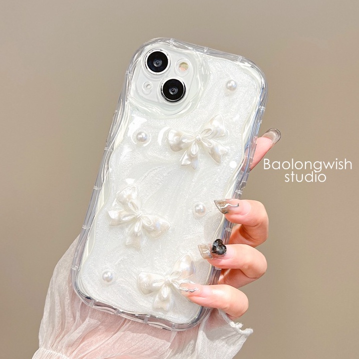 Cream Wave Shape White Stereoscopic Pearl White Bow Soft Silicone ...