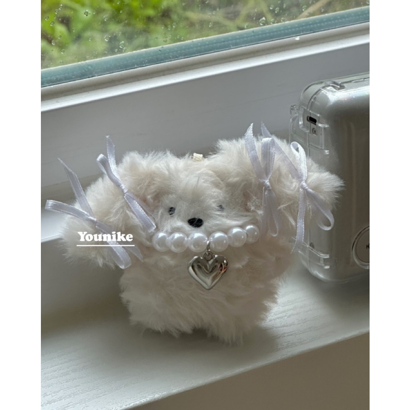 Korean Niche Girl Heart Ribbon Pearl Little Milk Dog Plush Pendant Doll ...