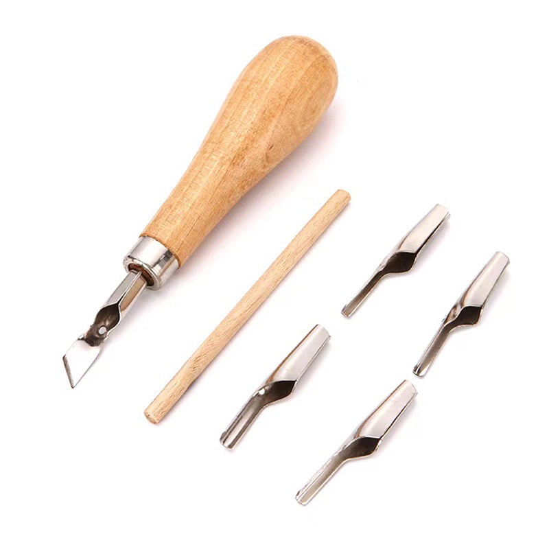Block Cutting Rubber Stamp Carving Tools With 5 Blade Wood Handle Set ...