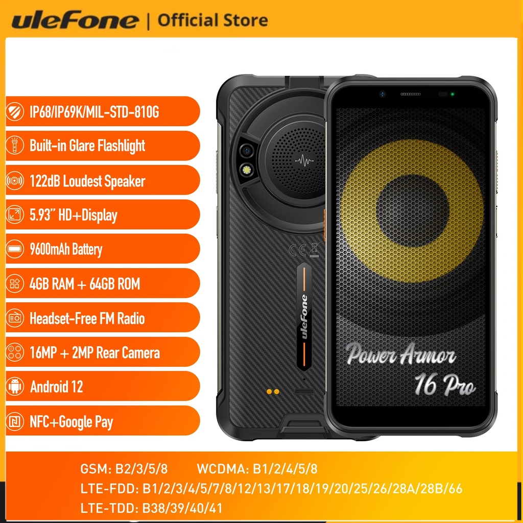 Ulefone Power Armor 16 Pro 9600mAh Rugged Smartphone 4GB+ 64G Android 12 NFC Mobile Phones ...