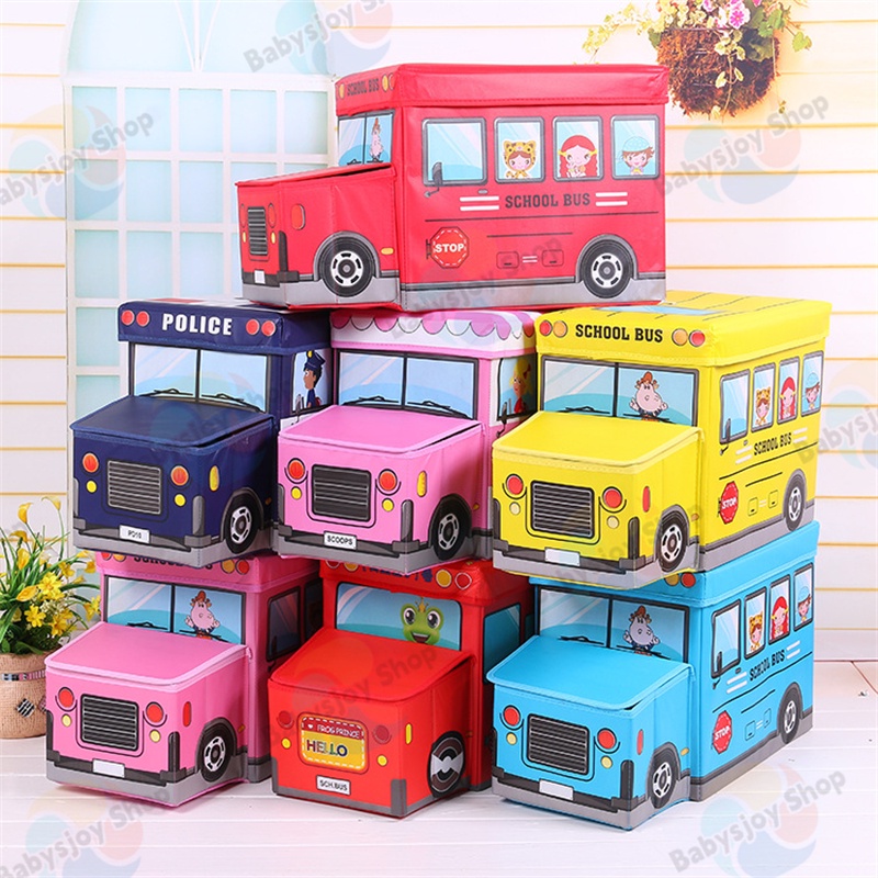Kids Stool Ottoman Foldable Storage Box Storage Bus Cartoon school bus ...