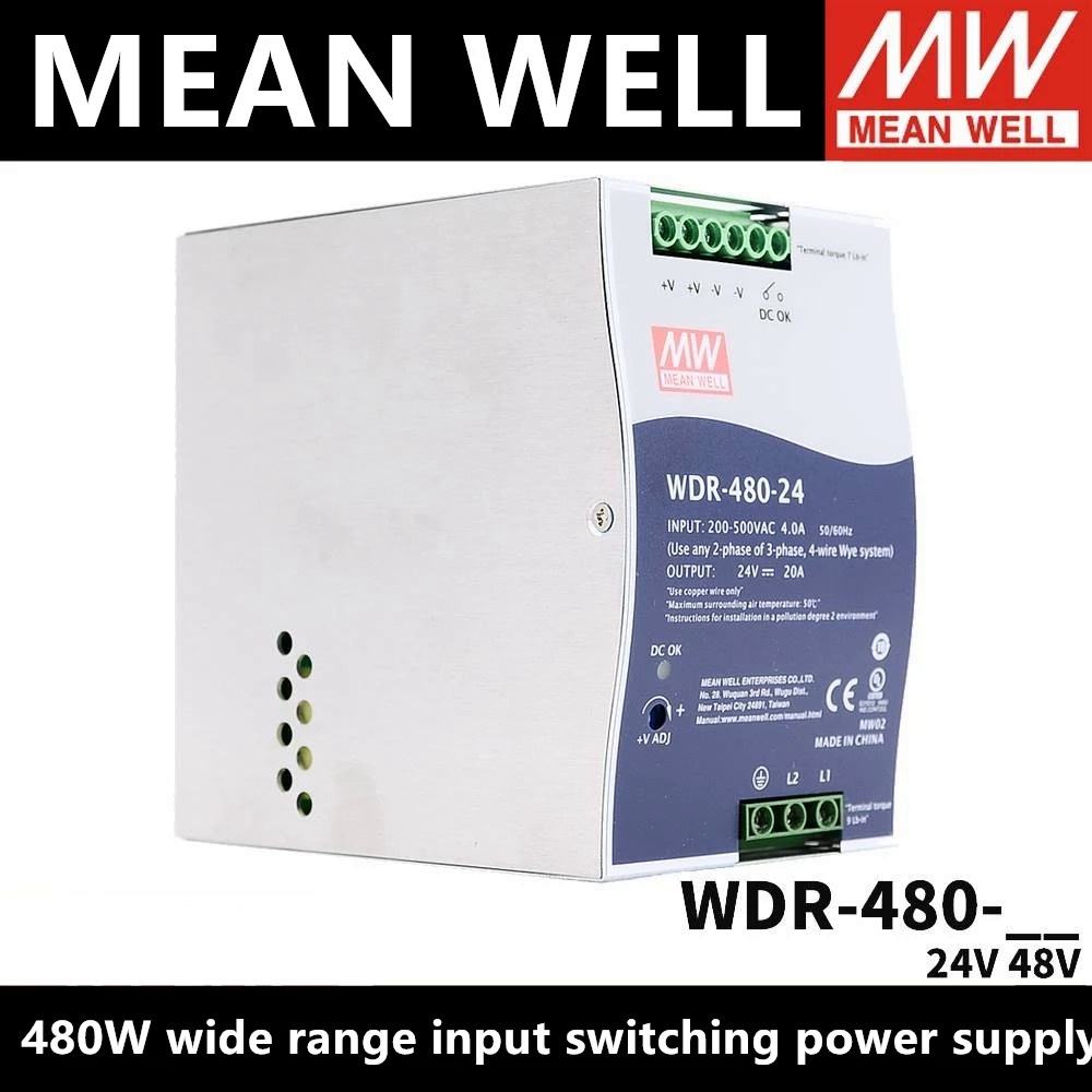 MEAN WELL WDR-480 Series Ultra Wide Input Industrial Din Rail 480W Slim Power Supply WDR-480-24 ...