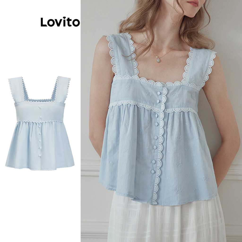 Lovito Women Cute Plain Lace Button Tank Top L85AD224 | Shopee Philippines
