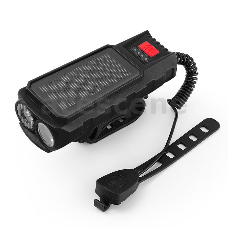 Solar Bike Light Front Flashlight With 130dB Horn Bicycle Lantern USB Rechargeable Bright ...