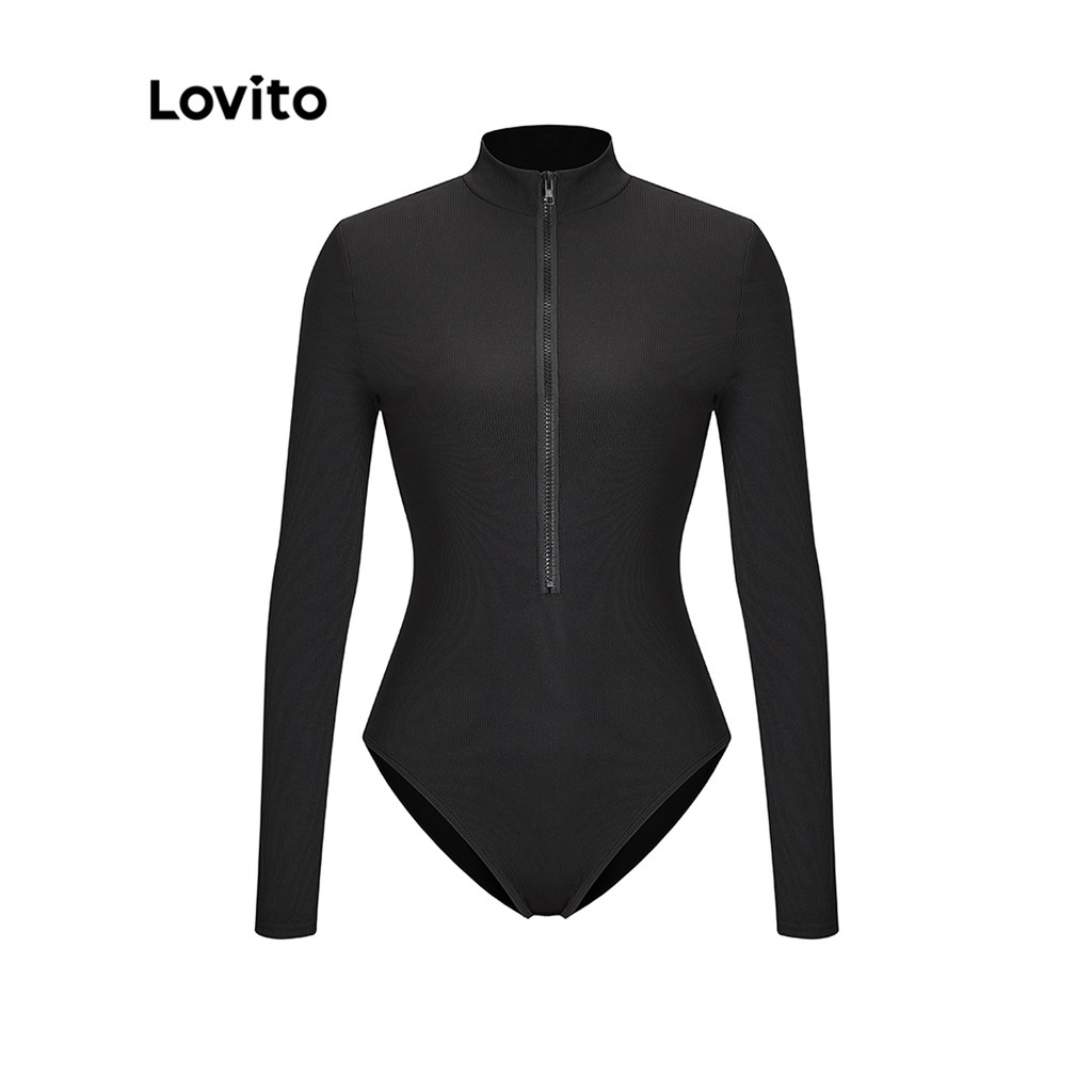 Lovito Casual Plain Zipper Long Sleeves Basic Bodysuit for Women ...