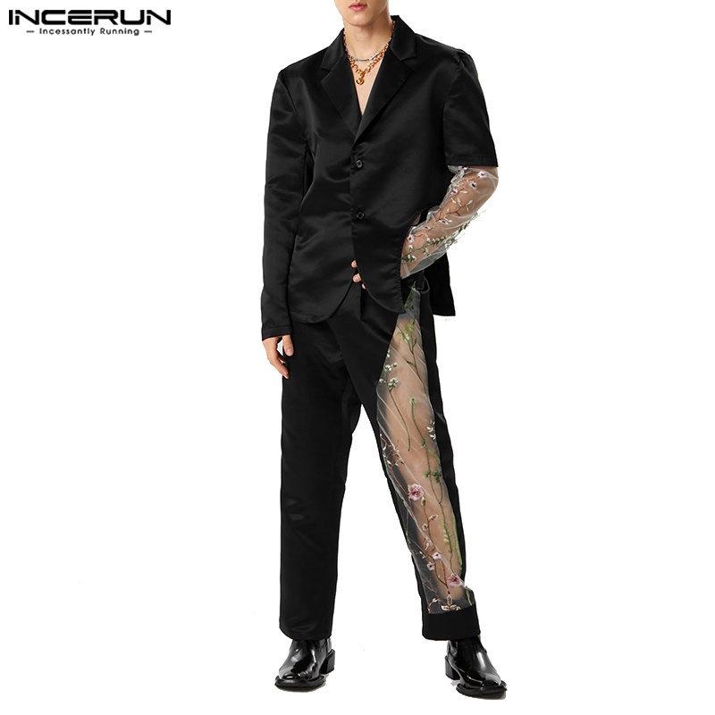 INCERUN Men Vintage Long Sleeve Blazer High Waist Pants Patchwork Lace ...