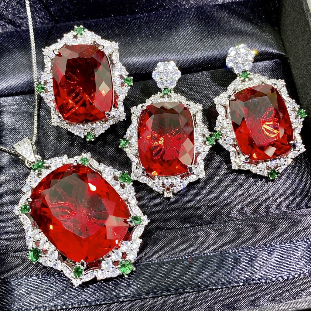 Fashion Emerald Pendant Necklace Inlaid Ruby Earrings Square Diamond ...