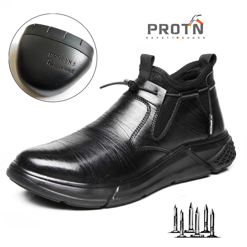 PROTN Leather Waterproof Safety Shoes High Cut Steel Toe Cap Anti-smash ...