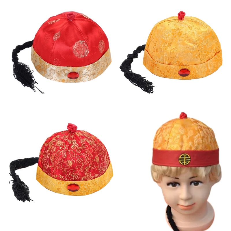Best Hanfu Hat Vintage Children Oriental Hat with Faux Ponytail Party ...
