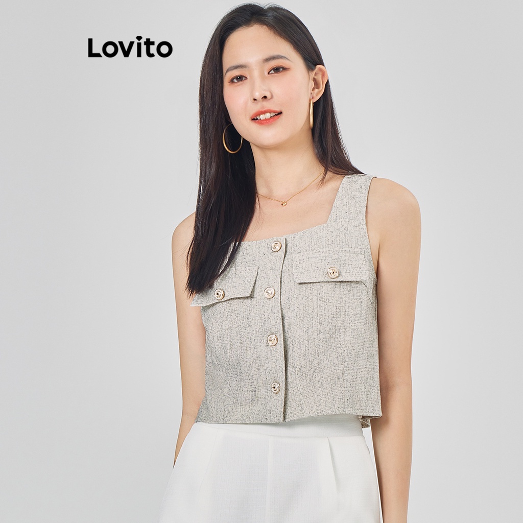 Lovito Women Elegant Plain Button Tank Top L68ED066 | Shopee Philippines