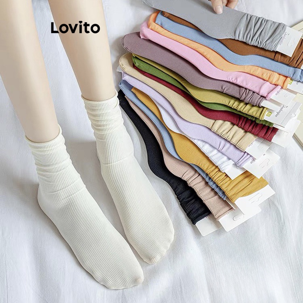Lovito Women Casual Plain Basic Socks Lne39065 Grey White Burgundy