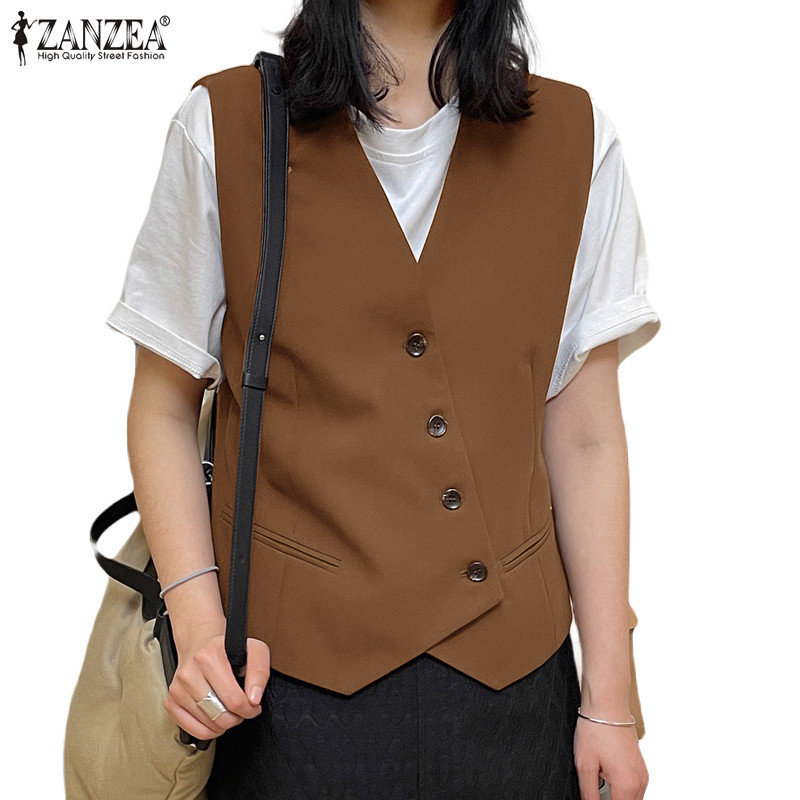 ZANZEA Women Korean Plain Color Fashion Irregular Design V-Neckline ...