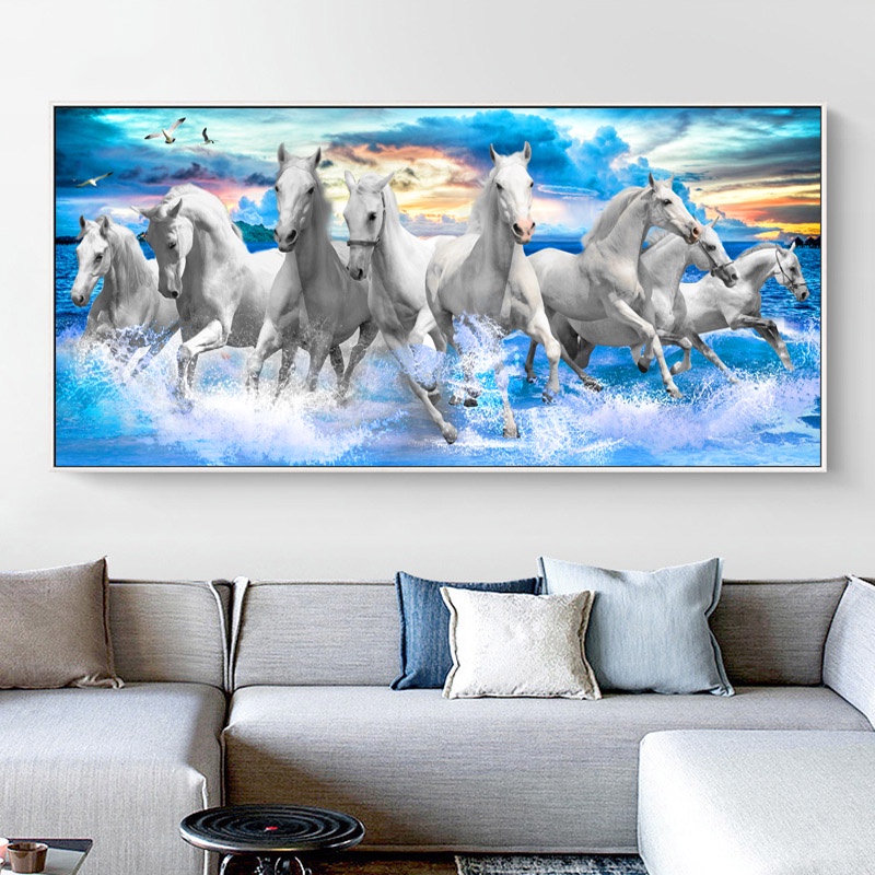Painting on canvas with eight horses running on the sea, wall art ...