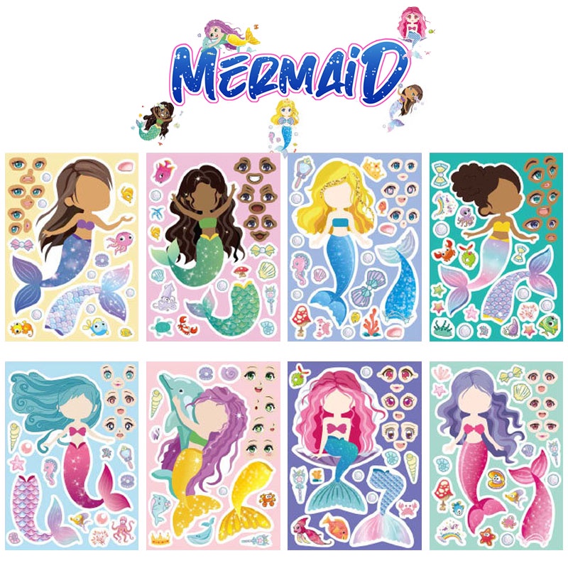 8PCS Cartoon Mermaid Princess Puzzle Stickers Create Your Own Little ...