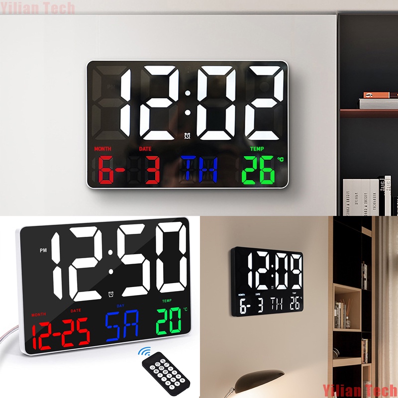 Digital Wall Clock Remote Control Electronic Clock Temperature Date Day ...
