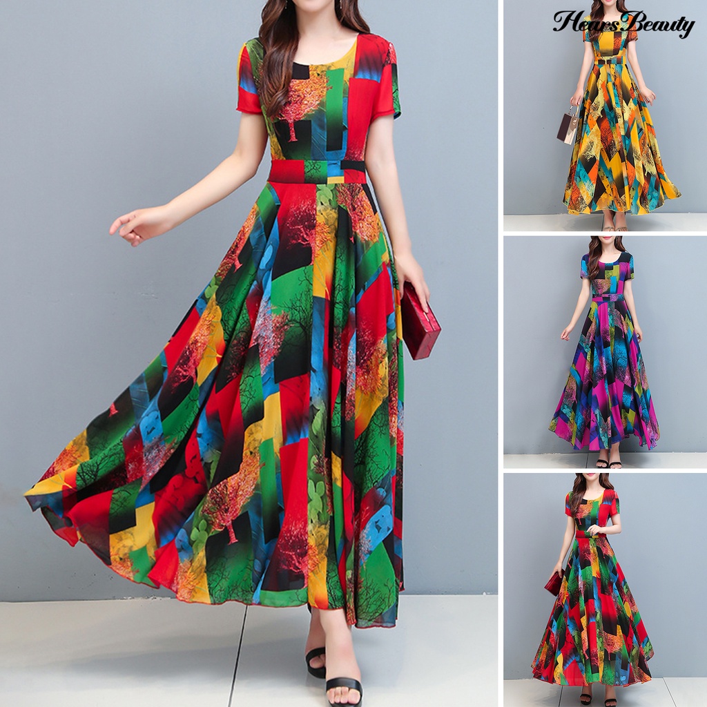 (HB)Women Dress Colorful Print Large Hem Summer A-Line Long Dress ...