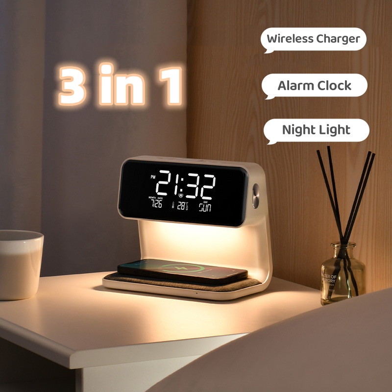 3 in 1 10W Phone Wireless Charging Bedside Lamp Night Light LCD Large ...