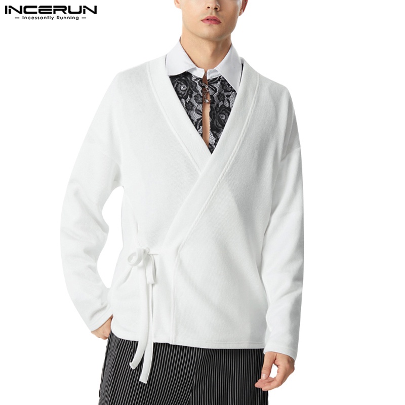 INCERUN Men Vintage Pit Stripe Solid Color Long Sleeves V-Neck Kimonos ...