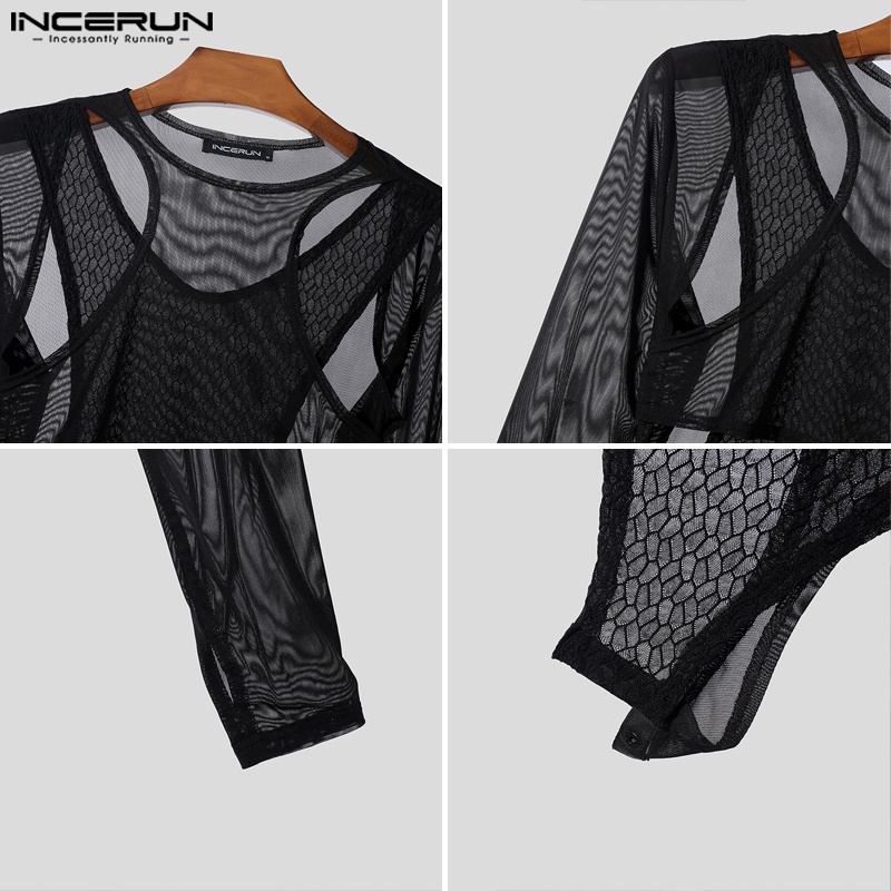 INCERUN Men Deconstructed Design Scooped Mesh Patchwork Long Sleeves ...