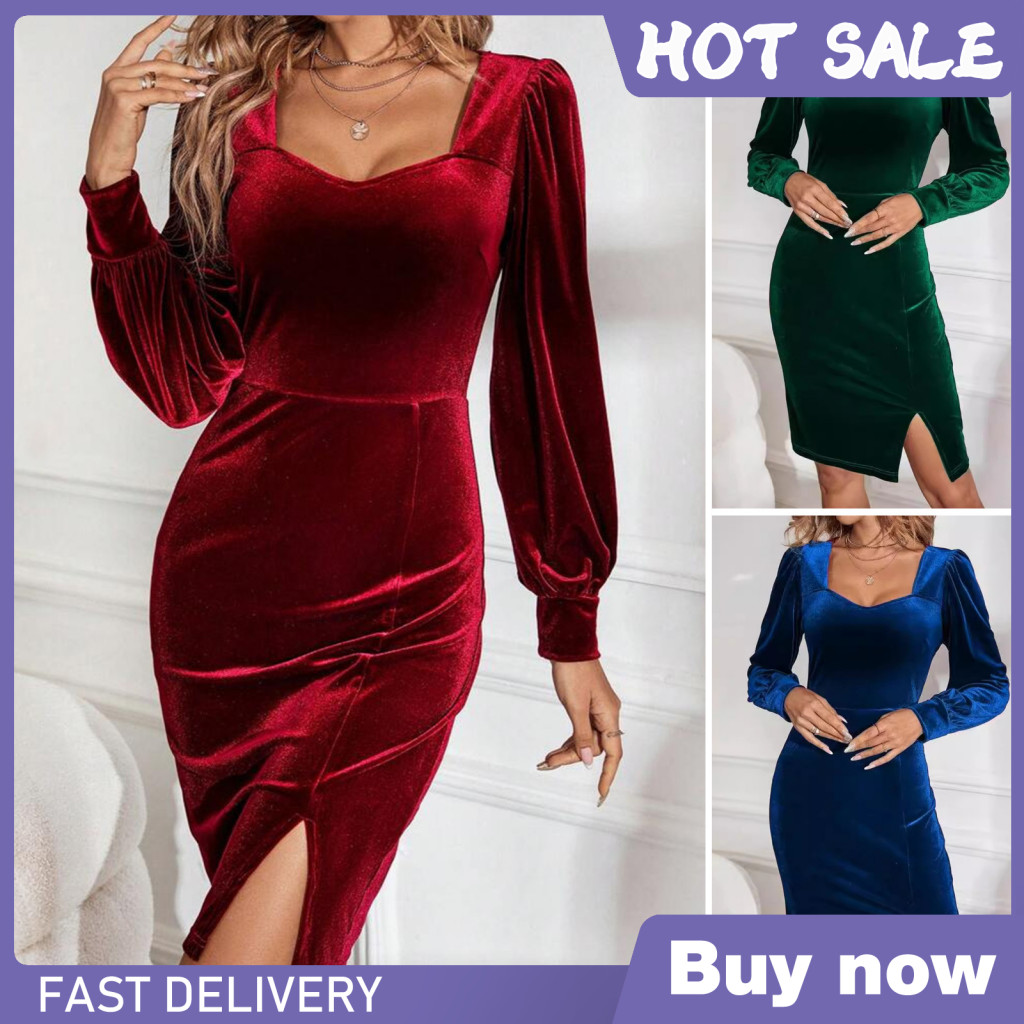 CM Solid Color Spring Dress Autumn Dress Elegant Velvet Midi Dress with ...